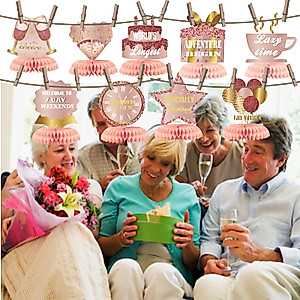 9Pcs Happy Retirement Decorations Table Honeycomb Centerpieces Party Supplies Pink Rose Gold Retirement Adventure Awaits Sign for Men Retired Decor Goodbye Retirement Signs