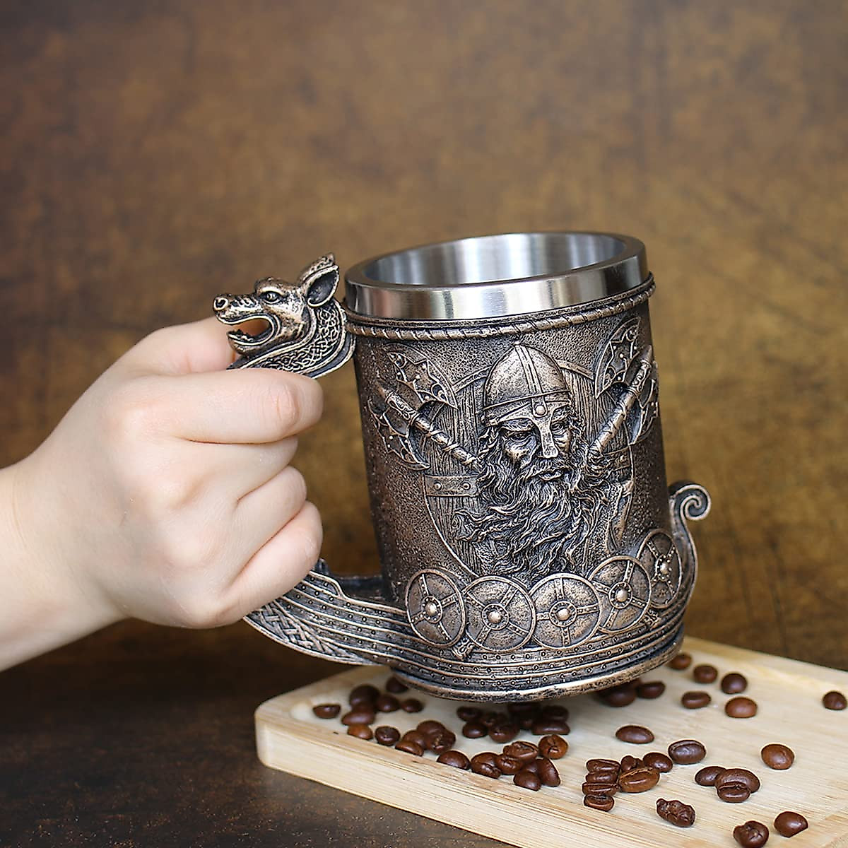 Ottalent Noric Viking Ship Draon Drakkar Beer Mug Stainless Steel Liner, Bronze Color Viking Warrior Coffee Cup Stein for Collectible Gift 17oz.