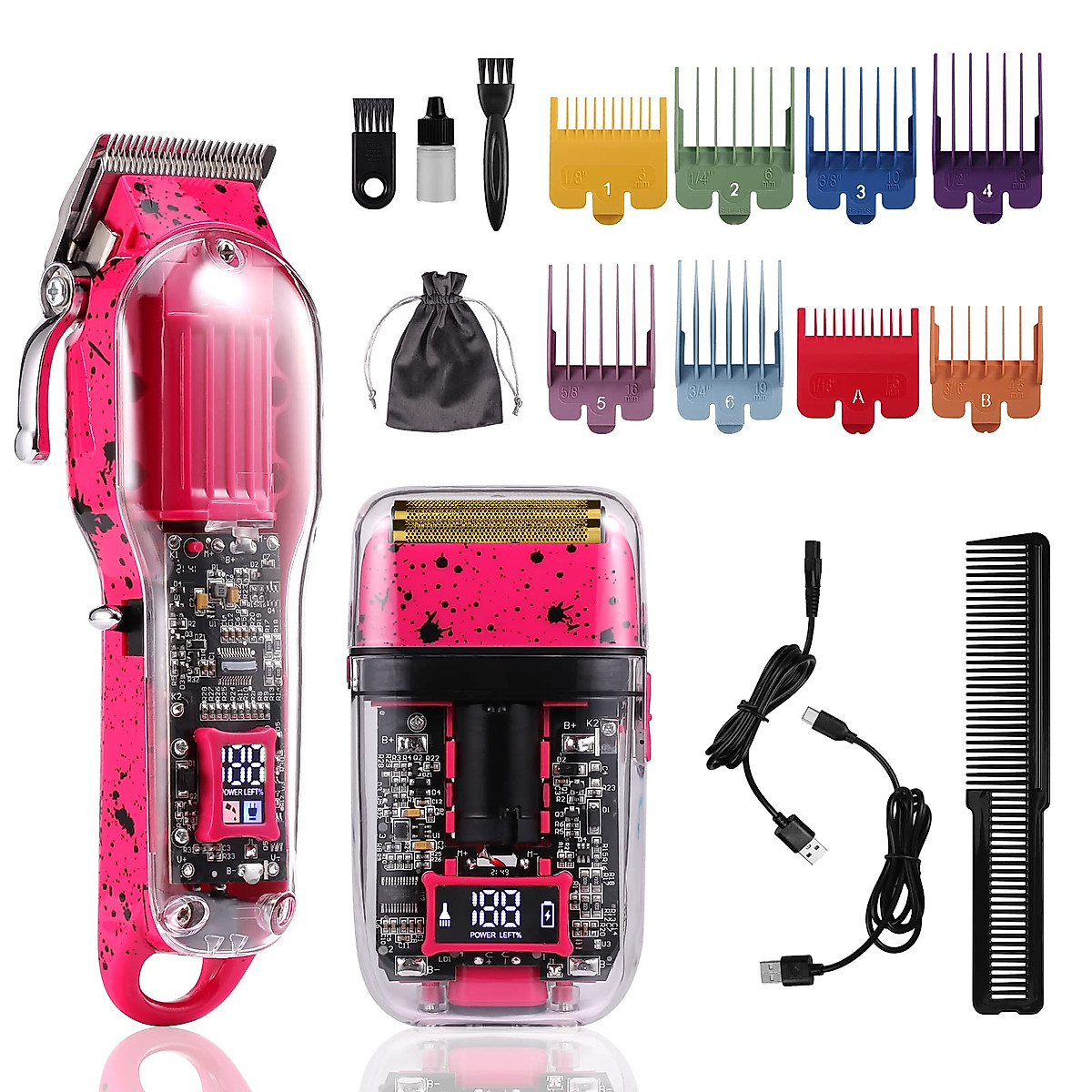 Clear Hair Clippers for Men & Foil Shaver, Transparent Back Cover Hair Cutting Kit Pro Hair Clippers for Men Professional Barber Clippers Cordless Beard Trimmer Hair Trimmer（rose Red）