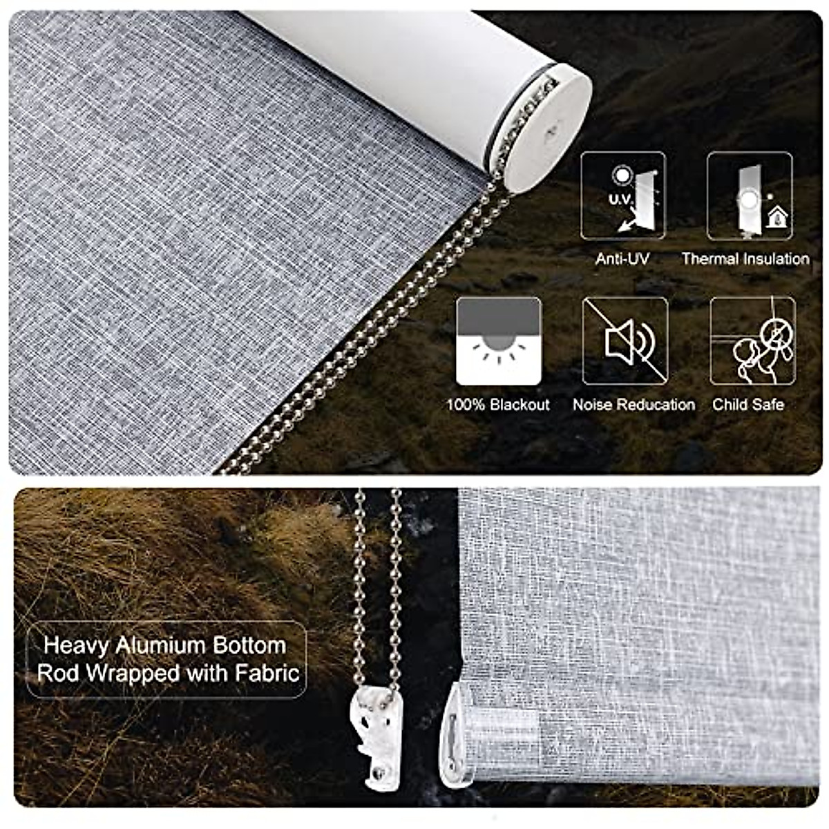 Persilux 100% Blackout Roller Shades Blinds for Windows (25''W x 72''H, Grey) Striped Jacquard Thermal Insulated Fabric UV Protection Privacy Window Blinds for Living Room, Easy to Install