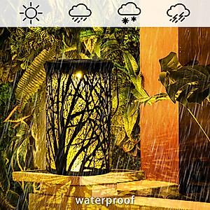 Fovasen Hanging Solar LED Candle Lanterns, Farmhouse Retro Metal Table Lanterns Rounded Decorative Outdoor Lights Waterproof Solar Lamp with Handle for Garden, Patio,Porch,Yard,Fireplace and Tabletop