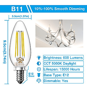 DAYBETTER E12 Led Candelabra Bulbs 60W Equivalent, Dimmable Chandelier Light Bulbs, High Brightness 600 LM Daylight White 5000K, B11 Filament Candle Light Bulbs, Clear Glass Style for Home, 10 Pack