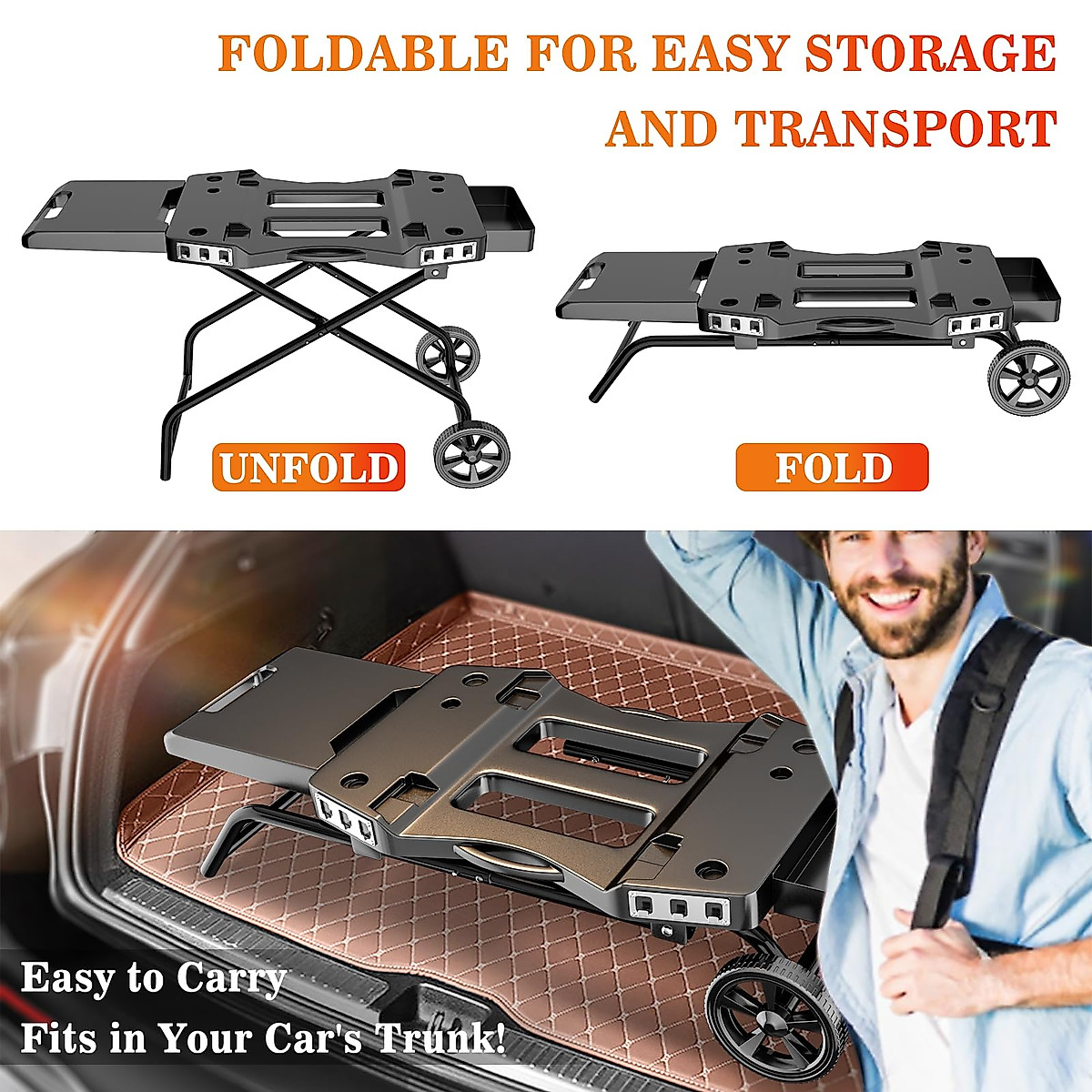 GRISUN Portable Grill Cart for Ninja Woodfire Grill OG700 Series, Folding Outdoor Grill Stand for Ninja OG701, Pit Boss 10697/10724, 22" Blackstone,Traeger Ranger Griddle with Table Shelf and Basket