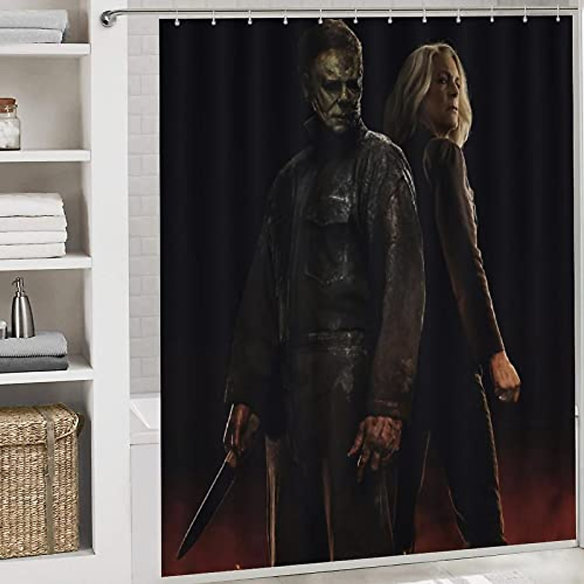 4Pcs Halloween Ends Shower Curtain Set with Non-Slip Rugs, Toilet Lid Cover and Bath Mat, Halloween Michael Myers Bathroom Decor Sets with 12 Hooks 70.9 X 70.9 Inches