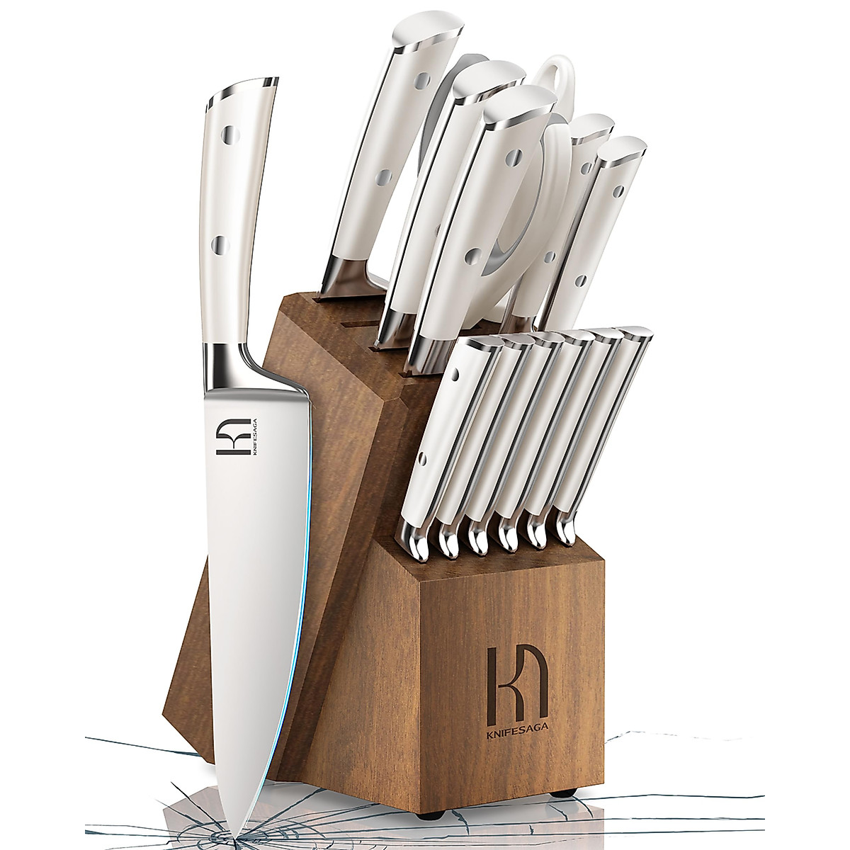 2023 Design KnifeSaga Knife Set, 15 Piece Japanese High Carbon Stainless Steel Knife Sets for Kitchen with Block and Sharpener, Razor Sharp Chef Knives Set with Ergonomic Handle, White