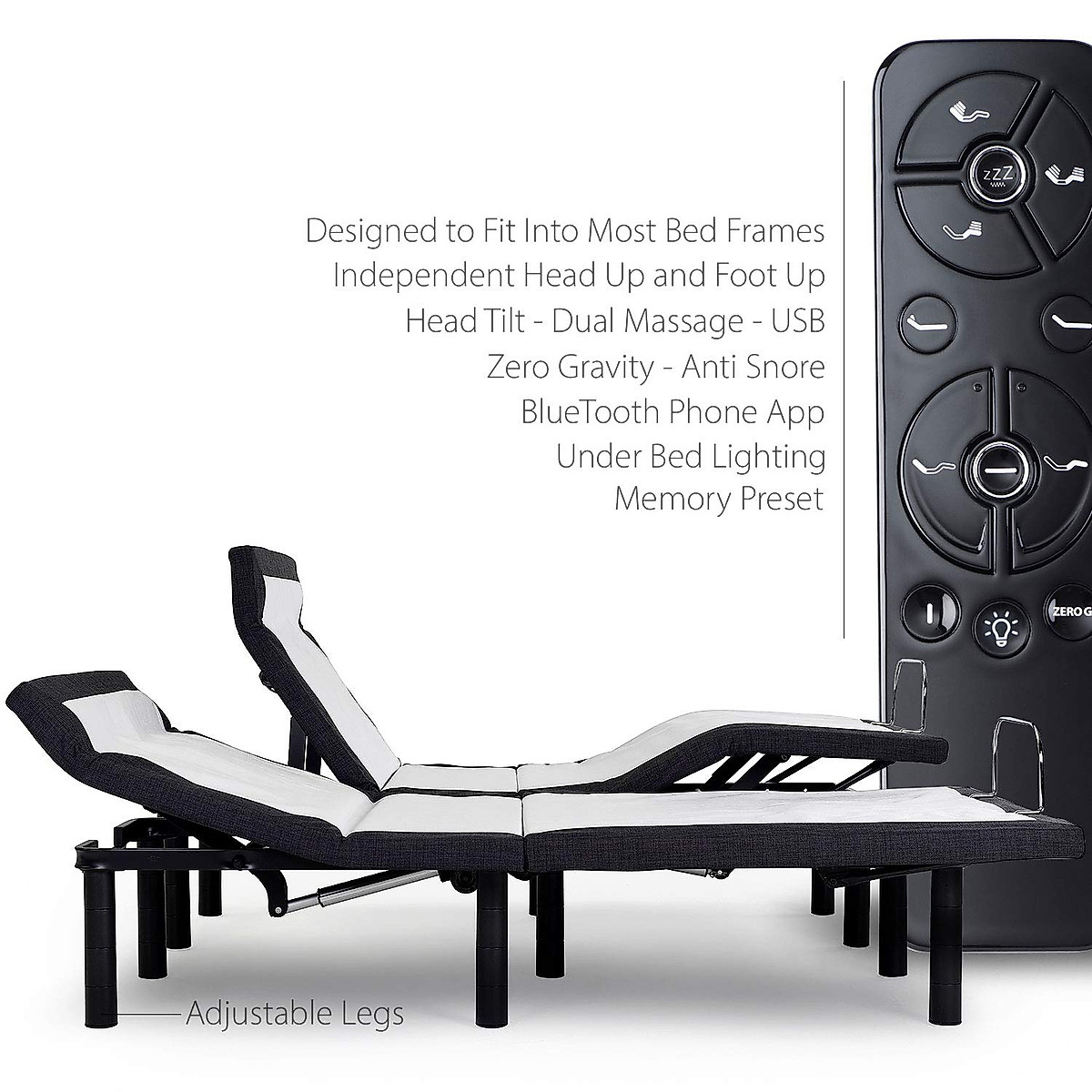 Blissful Nights Split King e5 Adjustable Bed Frame with Power Pillow Tilt, Zero Clearance for Storage Bases, Massage, Anti-Snore, Zero Gravity, USB Charging, Nightlight