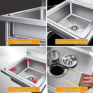 68 * 44cm Free Standing Kitchen Sink, Commercial Stainless Steel Single Sink Bowl Restaurant Table Utility Sink Washing Hand Basin w/ 360°Hot and Cold Faucet for Indoor Outdoor,68 * 44cm