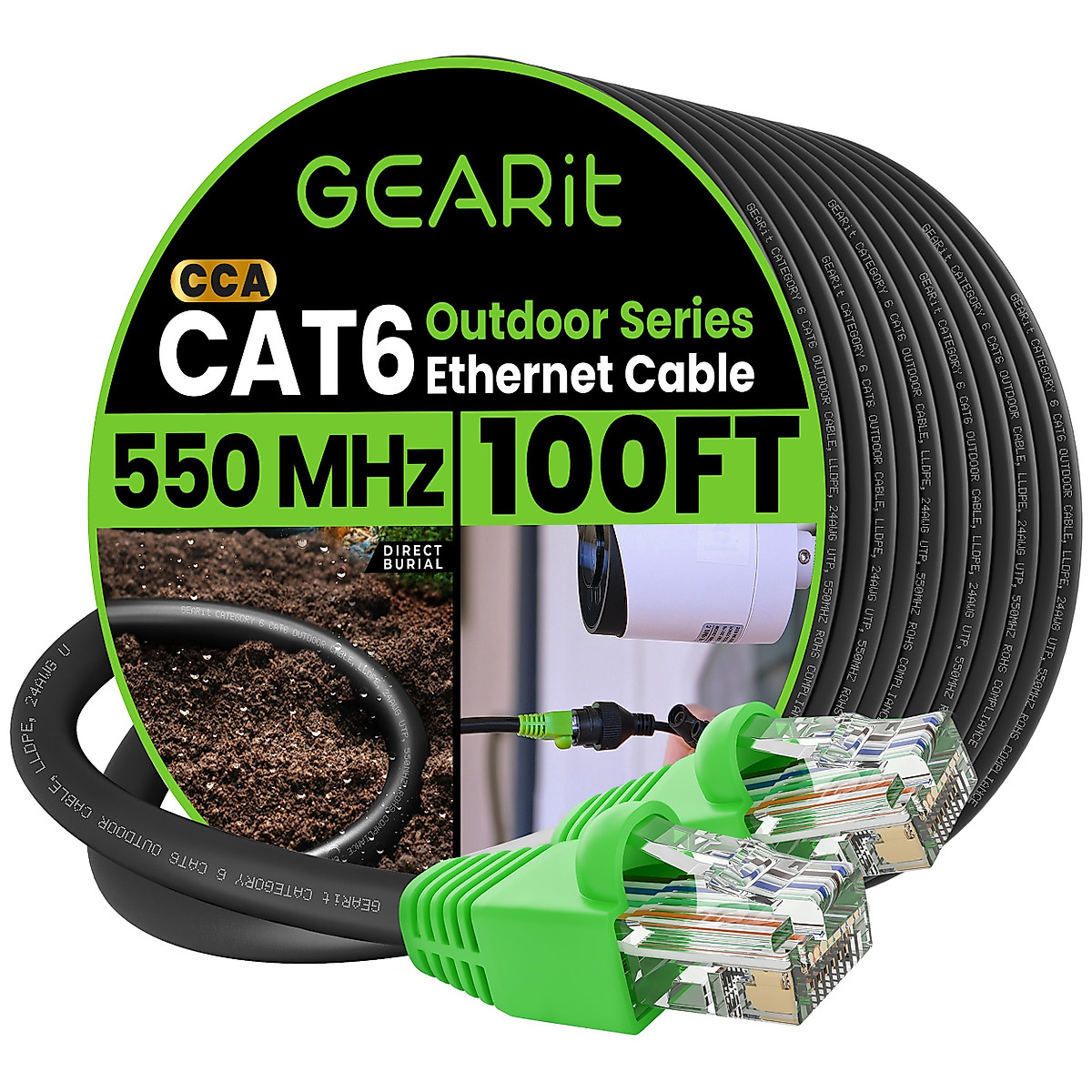 GearIT RJ45 Cat-6 Ethernet Patch Cable, 10Gpbs Transfer Speed, Gold-Plated Connectors, Copper Clad, Outdoor, UV Resistant, Direct Burial, Waterproof, Durable, 100 Foot (30.4 Meters), Black