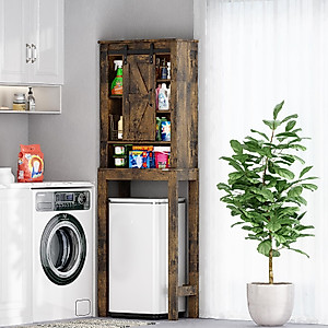 Redlife Over The Toilet Storage with Cabinet, Bathroom Storage Organizer Above Toilet with Adjustable Shelf & Sliding Barn Door, Freestanding Space-Saving Storage Rack for Bathroom (Rustic Brown)