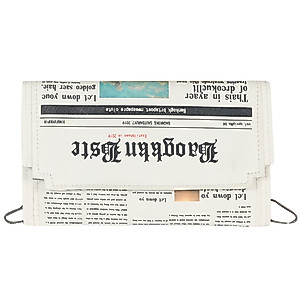 Van Caro Women Novelty Newspaper Evening Handbag,Fashion Envelope Clutch Crossbody Shoulder Purse,PU Leather Letters Chain Purse,White