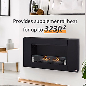 HOMCOM Ethanol Fireplace, 43.25" Wall-Mounted 0.73 Gal Stainless Steel Max 323 Sq. Ft., Burns up to 4 Hours, Black