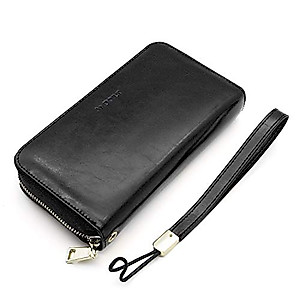 ANDOILT Genuine Leather Wallet for Women Men RFID Blocking Credit Card Holder Zipper Purse Cell Phone Handbag Huge Storage Capacity Black&Silver Chain