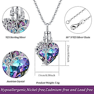 Odinstone Tree of Life Urn Necklace for Ashes, Heart Crystal Urn Necklace for Women, Sterling Silver Cremation Jewelry for Ashes (Purple 03)