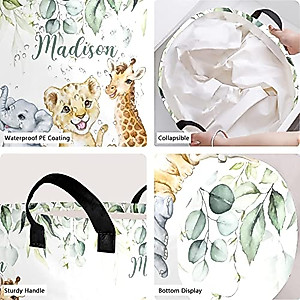 Personalized Laundry Basket Hamper,Safari Jungle Animal Greenery,Collapsible Storage Baskets with Handles for Kids Room,Clothes, Nursery Decor