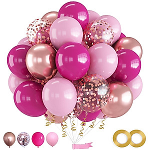Pink Balloons, 60 Pcs Hot Pink Balloons Set with Rose Gold Confetti Metallic Rose Gold Balloons, 12 Inch Magenta Fuchsia Pink Baby Pink Balloons for Bridal Shower Wedding Girls Birthday Party