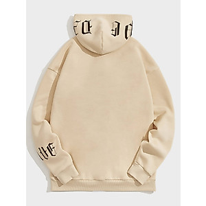 WDIRARA Men's Letter Floral Print Drawstring Long Sleeve Hoodie Casual Sweatshirt Beige S