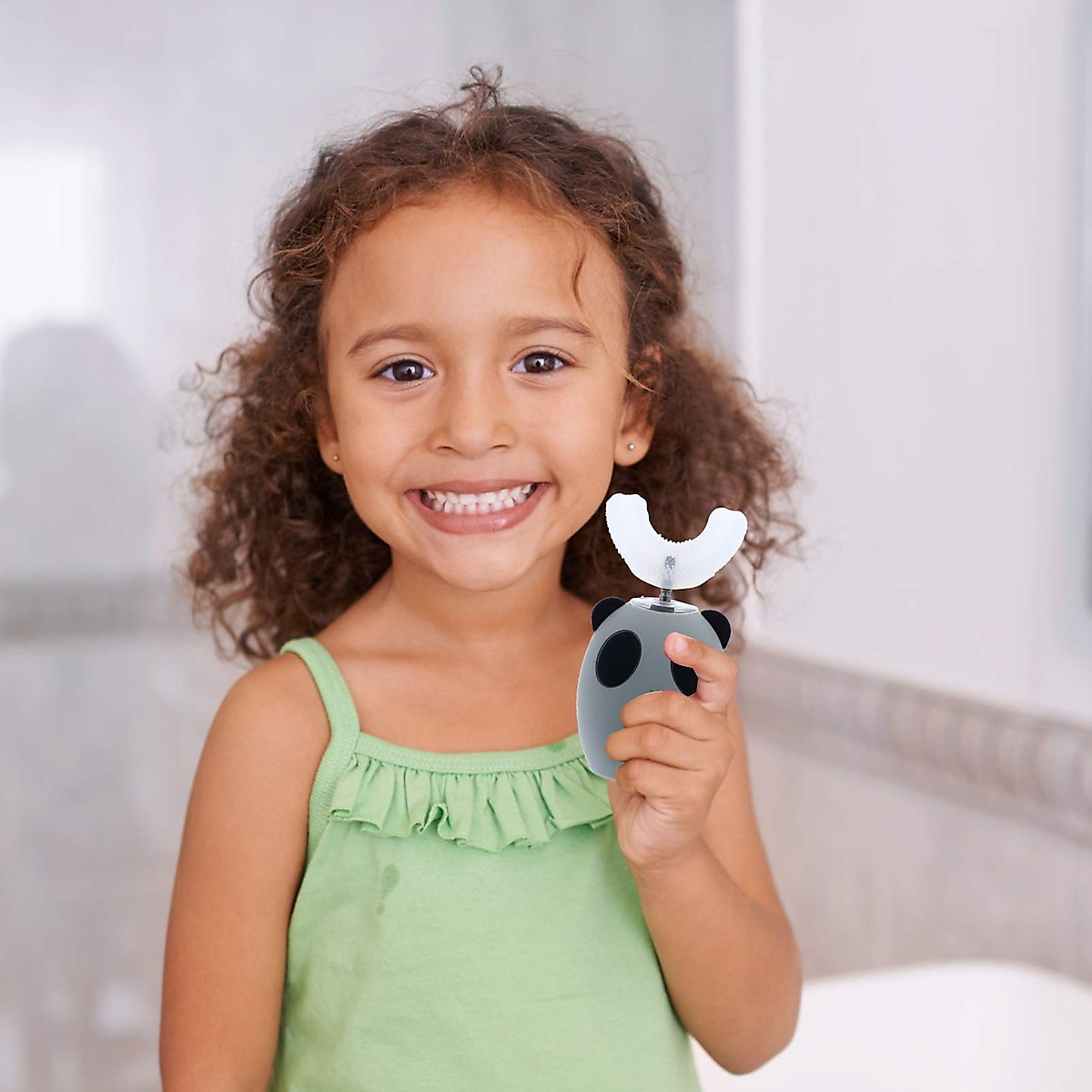 Healifty Kids Automatic Toothbrush Cartoon Panda Ergonomic U- Shaped Toothbrush (Age 7-15) Light Grey