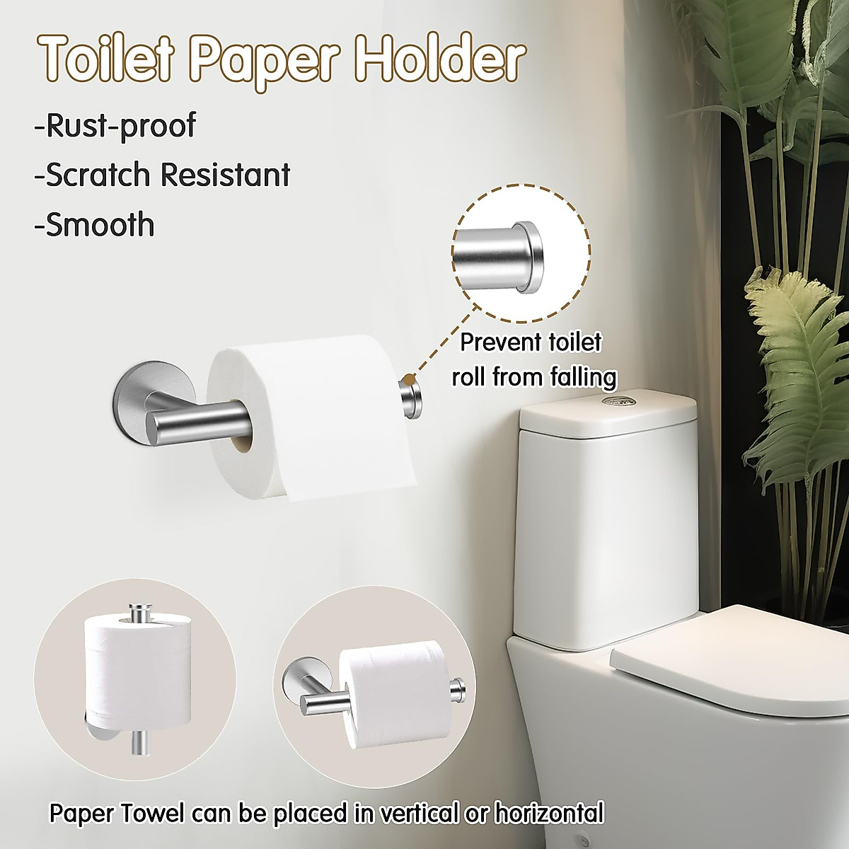 Bathroom Hardware Set, Brushed Nickel Bathroom Accessories, 6PCS Adjustable Towel Holder Set, Expandable Tower Bar, Adhesive Toilet Paper Holder, Stainless Steel Towel Rack, Towel Ring, Hooks,No Drill