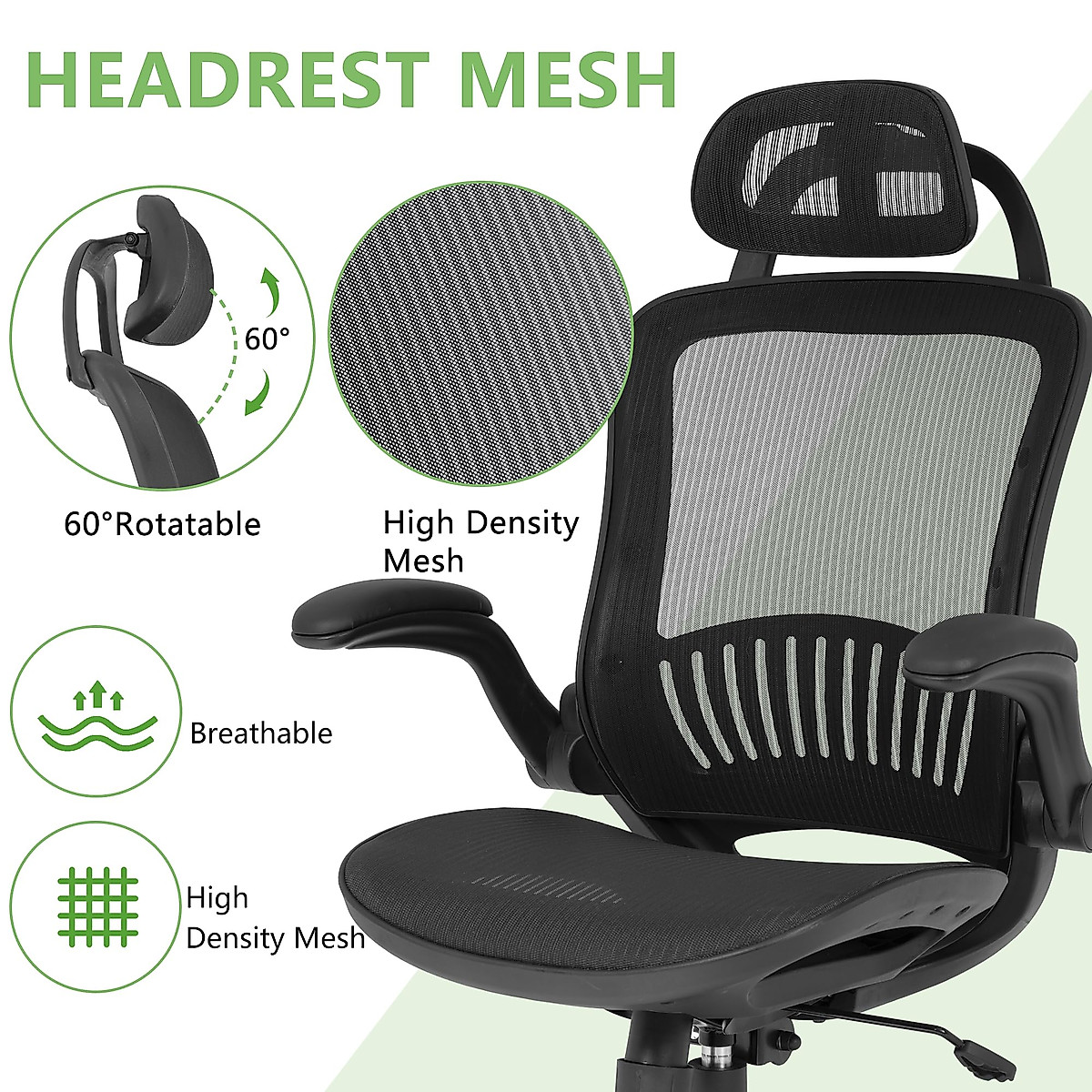 Office Chair Ergonomic Desk Chair Mesh Computer Chair with Lumbar Support Headrest Flip UP Arms Rolling Swivel Adjustable Task Chair for Adults(Black)