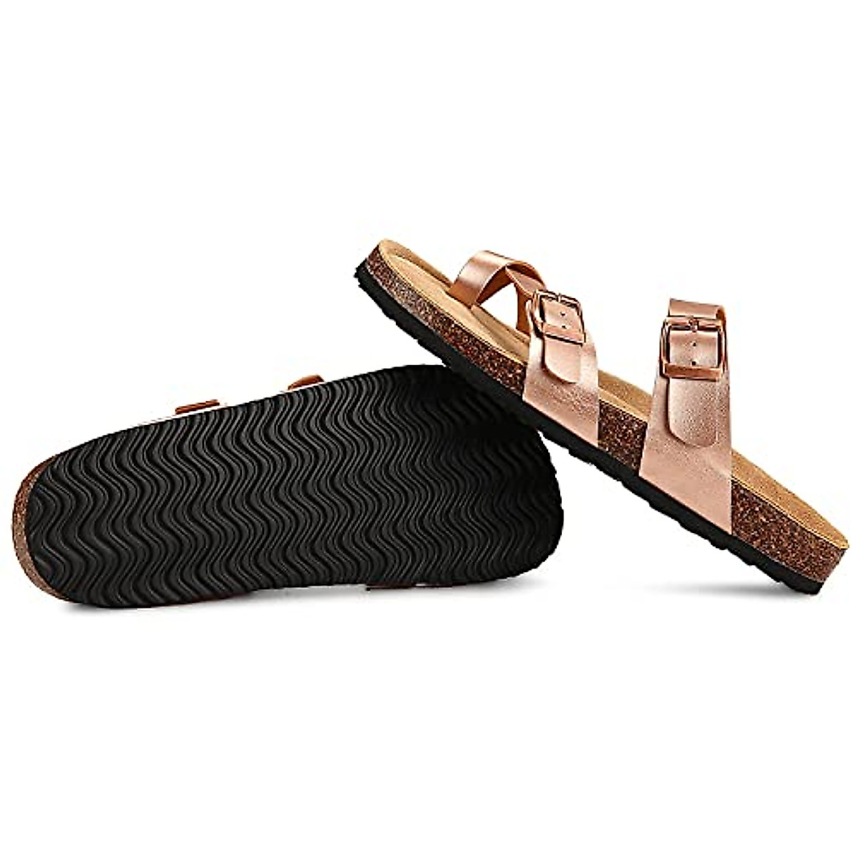 Real Fancy Women's Cork Footbed Sandals with Adjustable Crisscrossing Straps - Slip on Slide Sandals for Women/Ladies, Low Heel Arch Support (Gold,9)