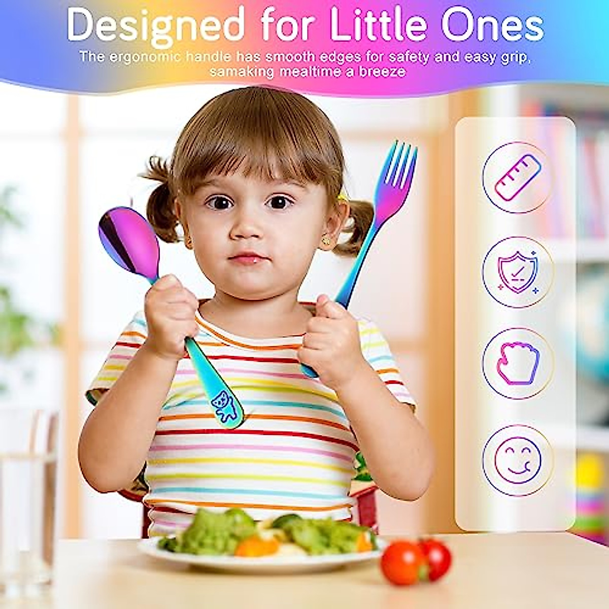 Dandat 36 Pcs Stainless Steel Toddler Utensils, Rainbow Kids Silverware Set Includes Small Kids Spoons and Forks, Metal Kids Cutlery Set, Child Safe Flatware, Dishwasher Safe (UV Rainbow)