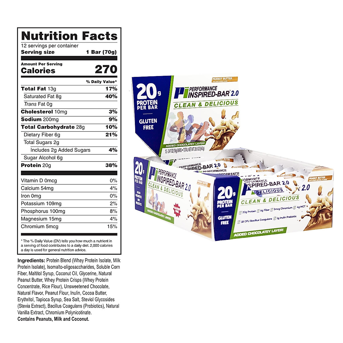 Performance Inspired Nutrition Protein Bar 2.0 – 20G Protein, 6G Fiber, 4G MCTs, 1 Billion CFU Probiotics – Gluten-Free – Peanut Butter Flavor – 12 Count