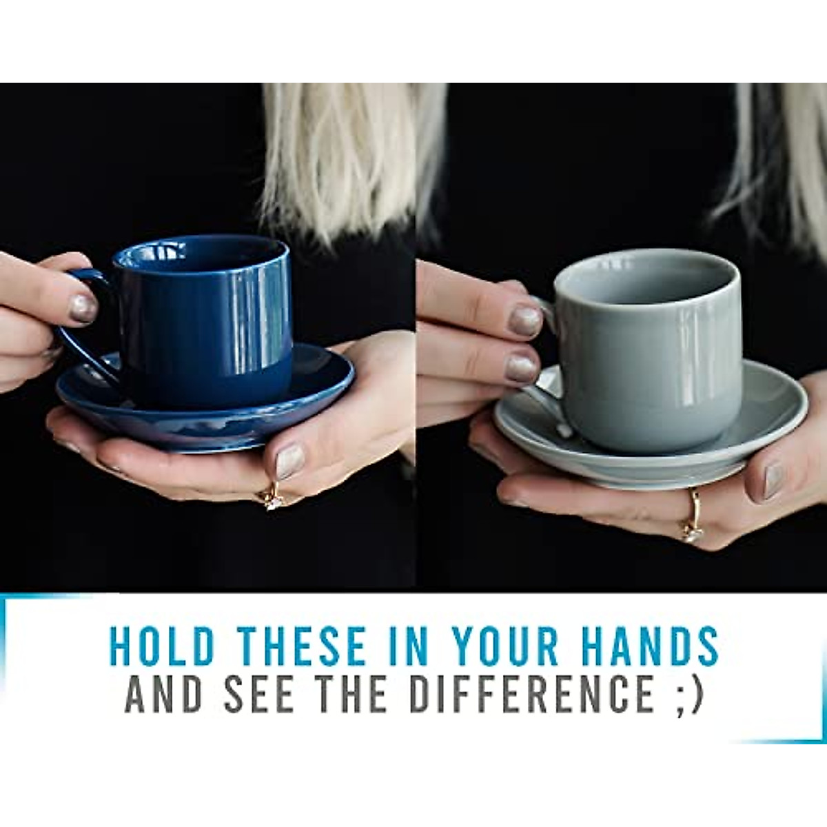 4oz. Espresso Cups Set of 4 With Matching Saucers - Premium Porcelain, 8 Piece Gift Box Demitasse Set - Red, Blue & Grey – Italian Caffè Mugs, Turkish Coffee Cup – Lungo Shots, Dopio Double Shot