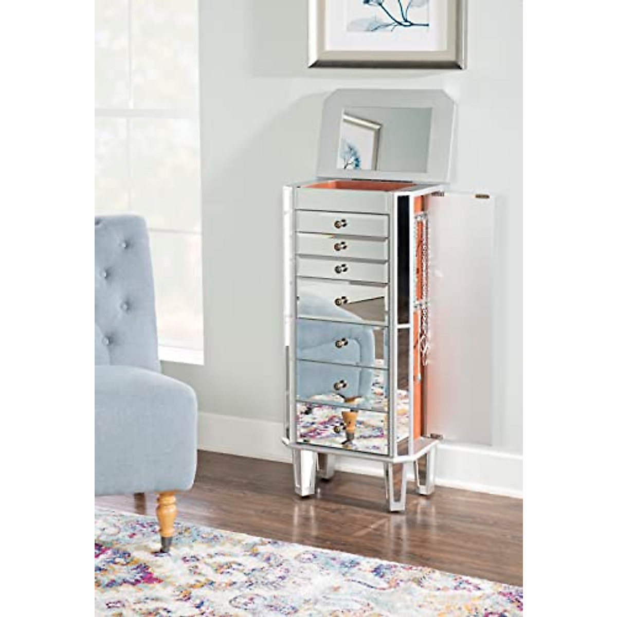 Powell Jewelry Armoire Wood, Silver Mirrored