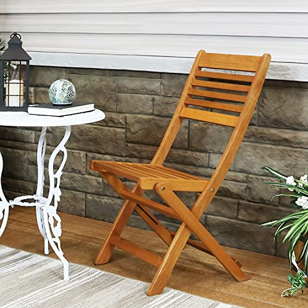 Sunnydaze Meranti Wood Outdoor Folding Patio Chairs - Set of 2 - Outside Wooden Bistro Furniture for Lawn, Deck, Balcony, Garden and Porch - Teak Oil Finish