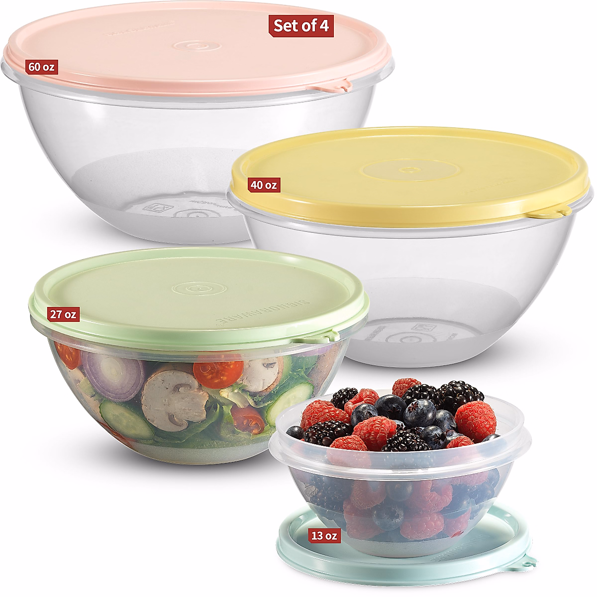 Food Storage Containers with Lids Set of 4 - 60oz, 40oz, 27oz, 13oz Meal Prep Containers Reusable Plastic – Food Safe Round Nesting Bowls with Airtight Leakproof Lids – Freezer and Dishwasher Safe