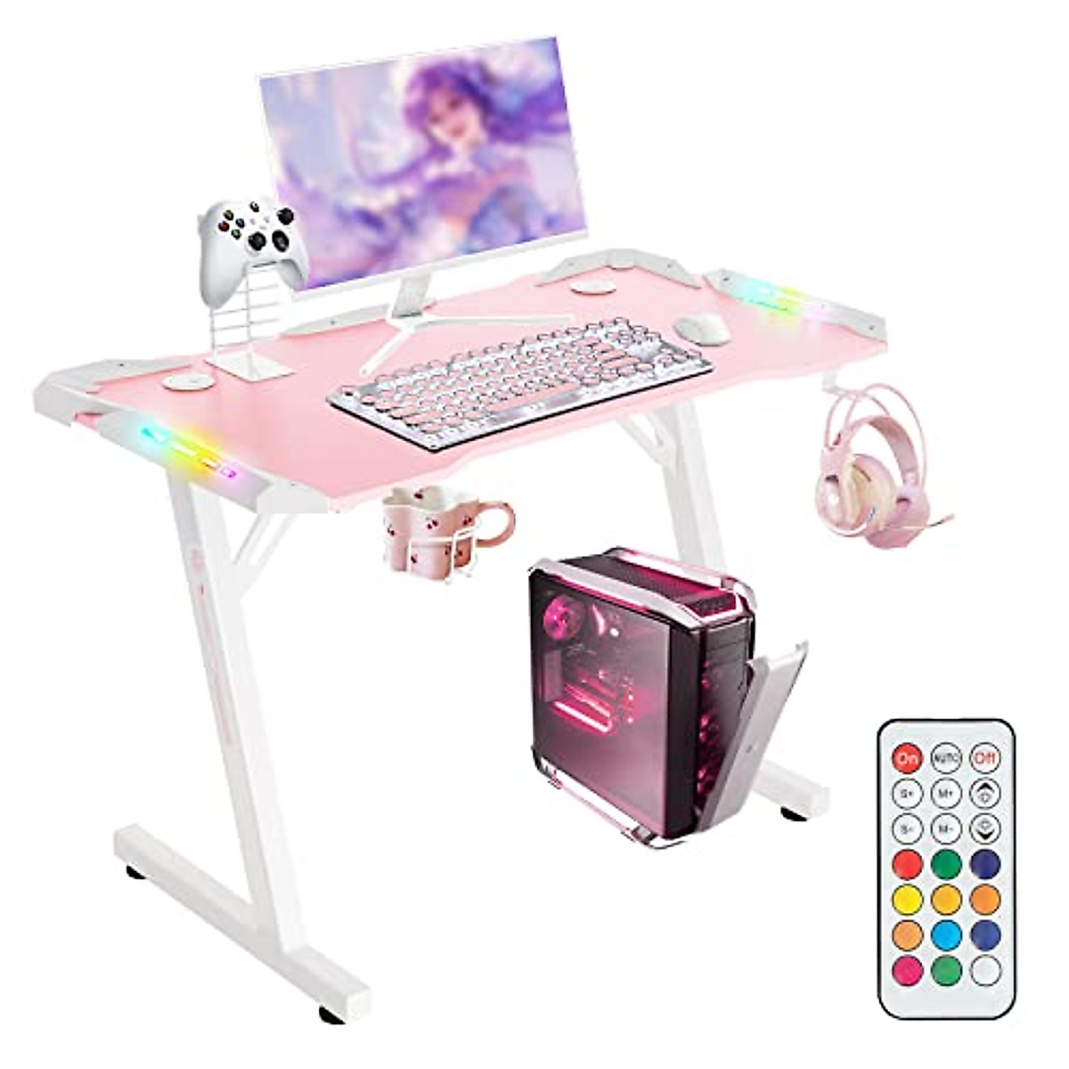 HomeMiYN Gaming Desk with LED Lights, 43.3'' Z Shaped RGB Effect Lighting Ergonomic Computer Game Desk PC Table Workstation with Headphone Hook & Cup Holder, Pink