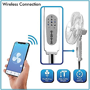 Technical Pro Smart Oscillating Pedestal Fan, 3 Speed Portable 16” WIFI Enabled Standing Fan w Adjustable Height, 270 Degree Oscillation, Tilting, Timer & Sleep mode compatible w/Alexa/Google (White)