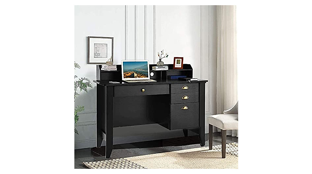 Catrimown Vintage Black Computer Desk with Storage for Small Spaces