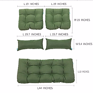 QILLOWAY Outdoor Patio Wicker Seat Cushions Group Loveseat/Two U-Shape/Two Lumbar Pillows for Patio Furniture,Wicker Loveseat,Bench,Porch,Settee of 5 (Dark Green)