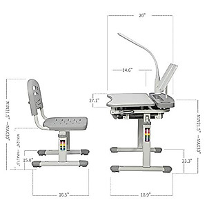 Gowxil Kids Study Desk and Chair Set, Multi Functional Height Adjustable Children School Study Desk with Tilt Desktop, Bookstand, LED Light, Metal Hook and Storage Drawer for Boys Girls, Grey