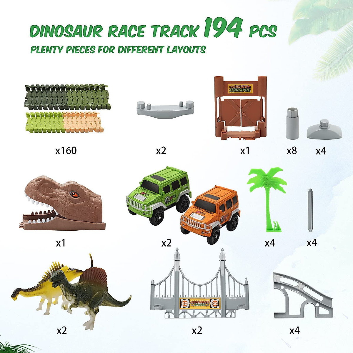 EagleStone 194 Pcs Dinosaur Race Car Tracks Set for Kids,Flexible Train Tracks to Create A Dino World Road with Bridge,2 Electric Cars with LED Light,Best Gift for Toddlers Boys and Girls