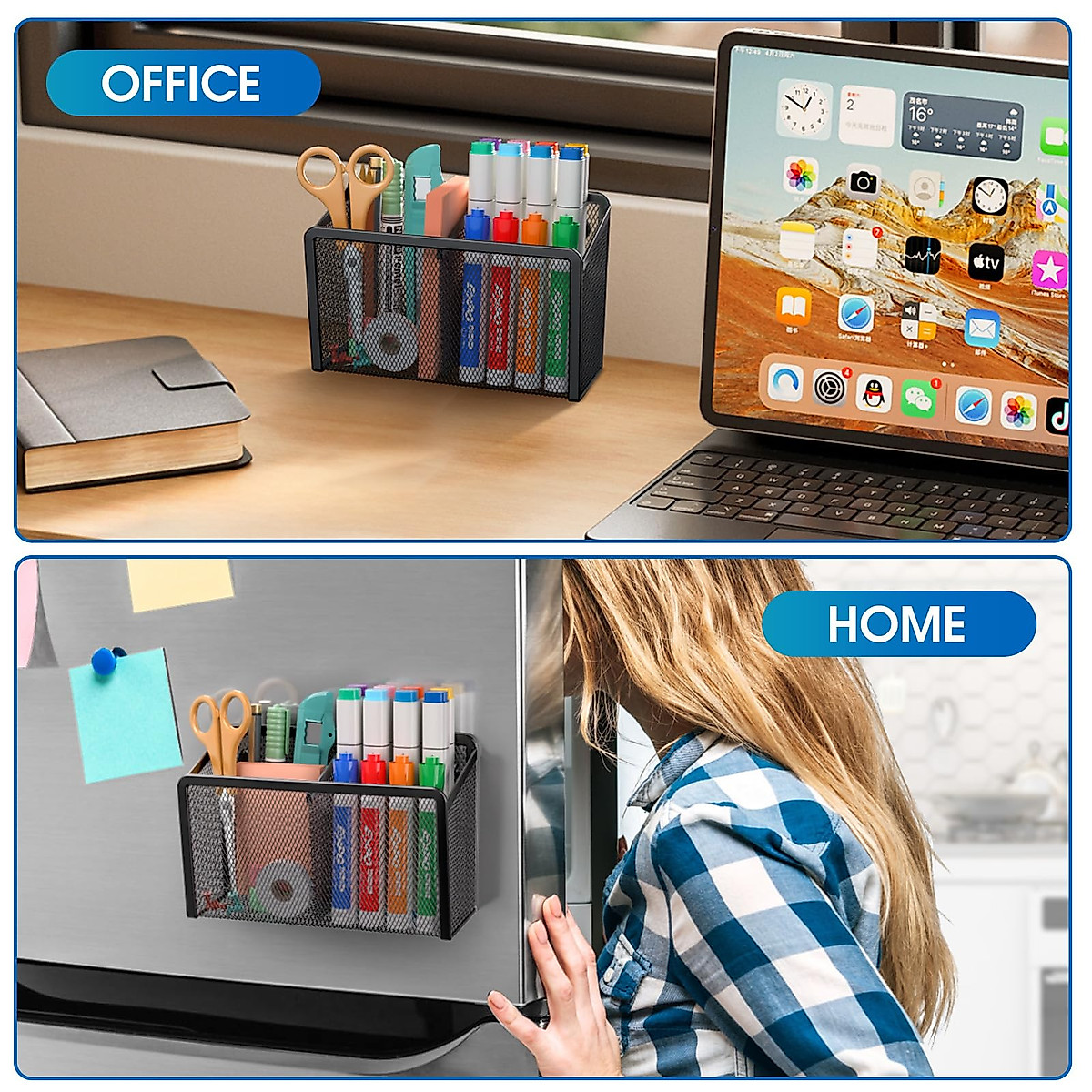 MaxGear Magnetic Pen Holder, Mesh Pencil Holder for Desk Storage Basket Organizer Marker Holder - Extra Strong Magnets Perfect for Locker Accessories, Refrigerator, Whiteboard, 2 Basket