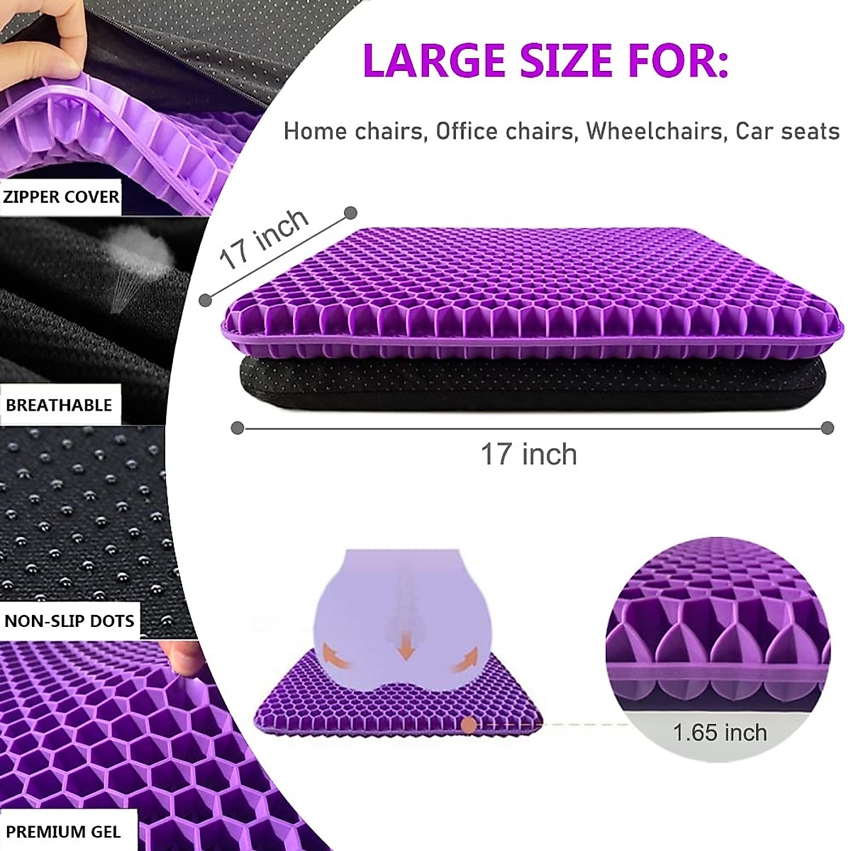 Large Gel Seat Cushion, Double Layer Egg Gel Cushion for Car Seat Office Wheelchair Chair, Breathable Chair Pads Help in Relieving Pressure Pain (Extra Large, Violet)
