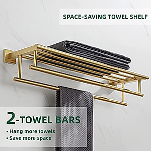 VELIMAX Bathroom Towel Rack, Bathroom Shelf with Towel Bar, Gold Towel Rack Wall Mounted, 18/8 Stainless Steel, Contemporary, Heavy Duty and Rustproof, 23.6-Inch