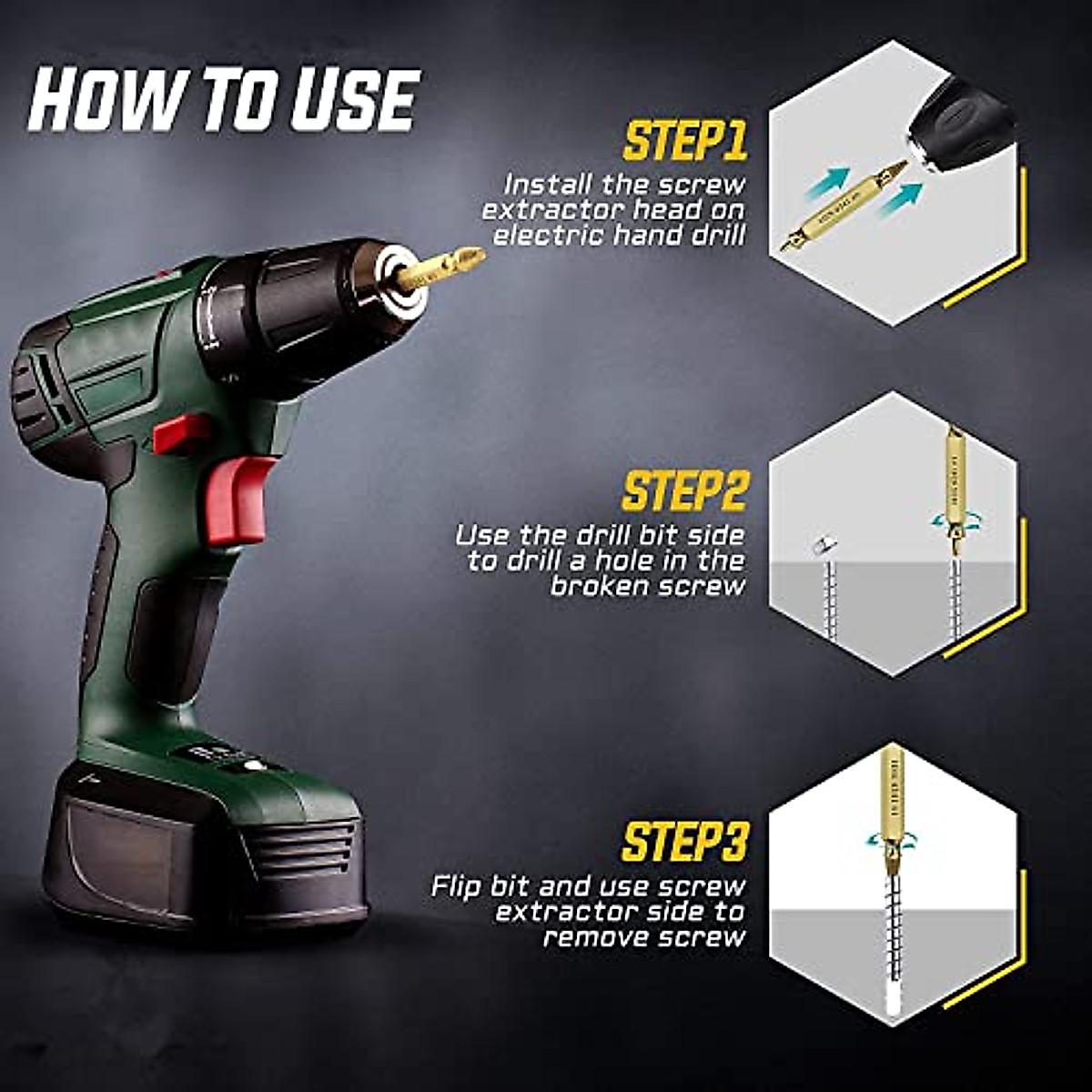 Damaged Screw Extractor - Remover for Stripped Head Screws Nuts & Bolts | ‎6 Piece Titanium Drill Bit Tools for Easy Removal of Rusty & Broken Hardware | High Speed Steel | Superb Gift for Men
