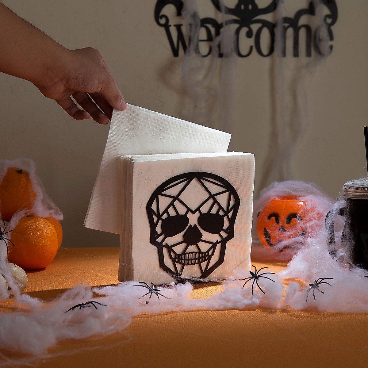 MyGift Matte Black Metal Halloween Napkin Holder with Cutout Skull Design, Dinner Cocktail Novelty Napkin Holder for Square Paper Napkin
