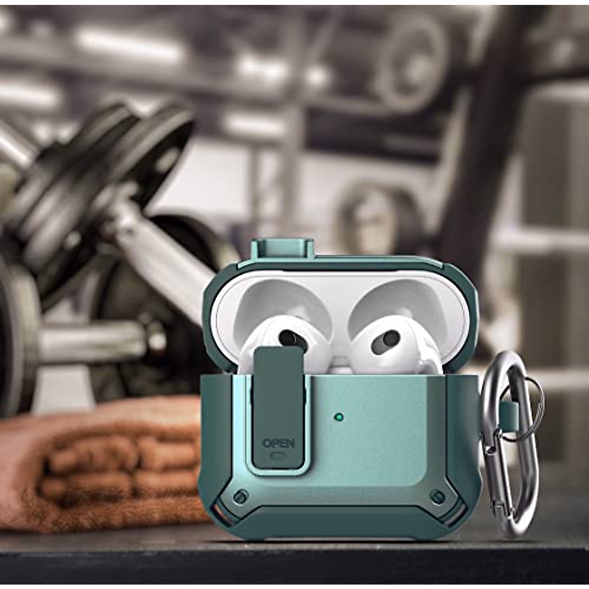 Encased X-Armor Compatible with Airpods 3 Case (3rd Generation) Protective Carabiner Keychain with Lid Lock (Metallic Green)