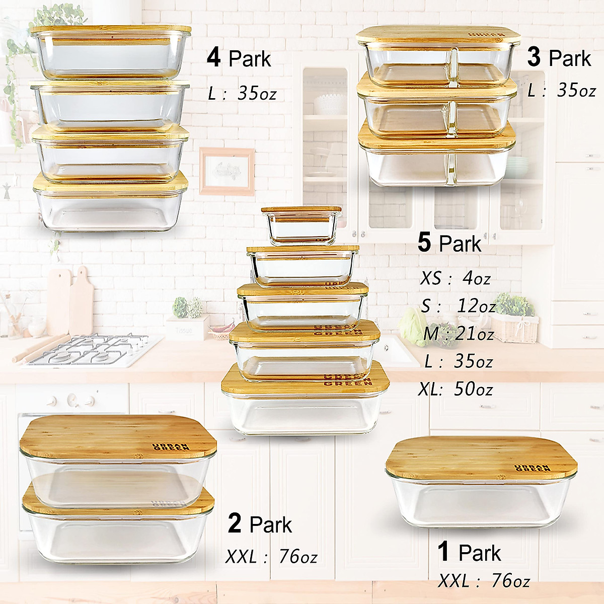 Urban Green Glass Containers with Bamboo Lids, Meal Prep Glass Containers, Glass Food storage Containers, 5 Pack, Pantry & Kitchen Glass Organizer, Lunch glass container, Microwave Oven Freezer Safe