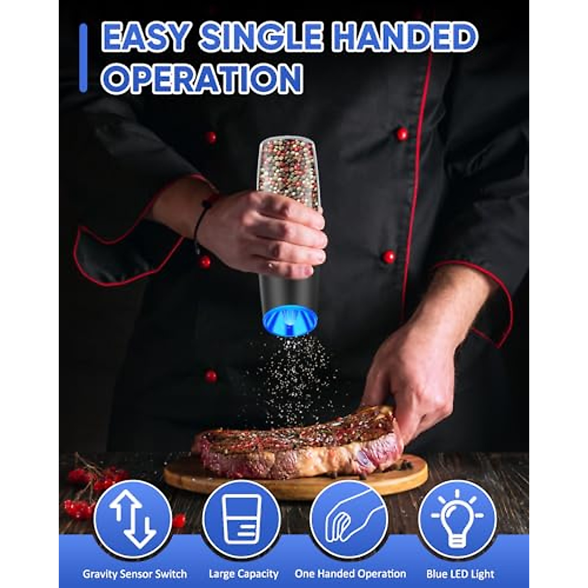 Gravity Electric Pepper and Salt Grinder Set, Adjustable Coarseness, With LED Light, One Hand Automatic Operation, Stainless Steel Black, (2 Pack Black)