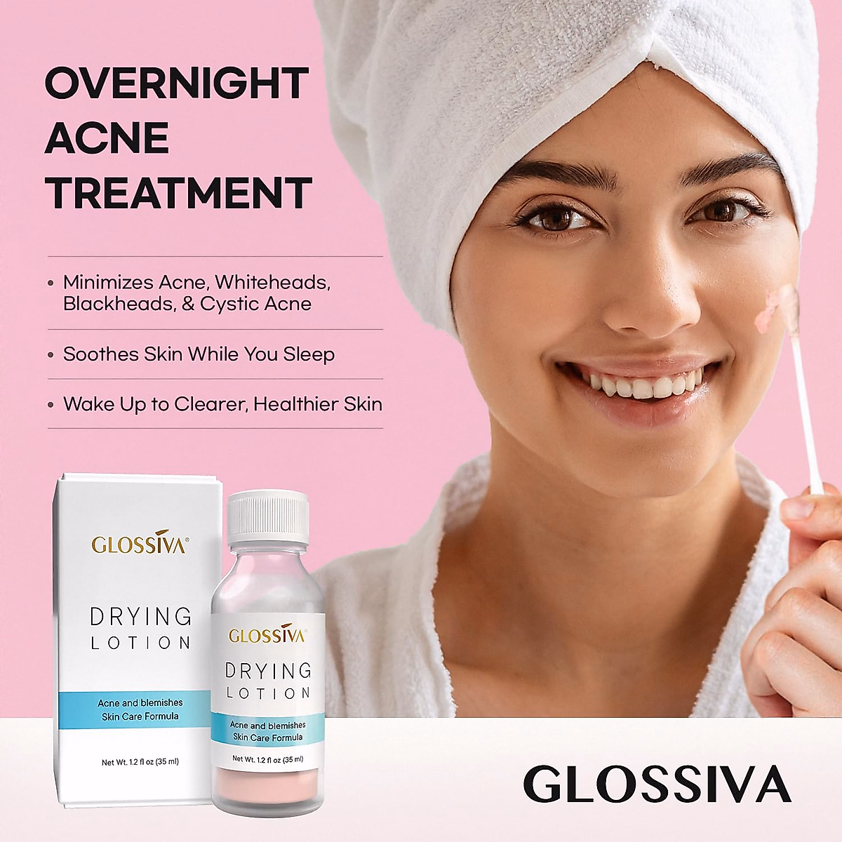 Glossiva Drying Lotion – Acne Spot Treatment, Blemish & Pimple Drying Solution with Overnight Results – 1.23 Fl Oz