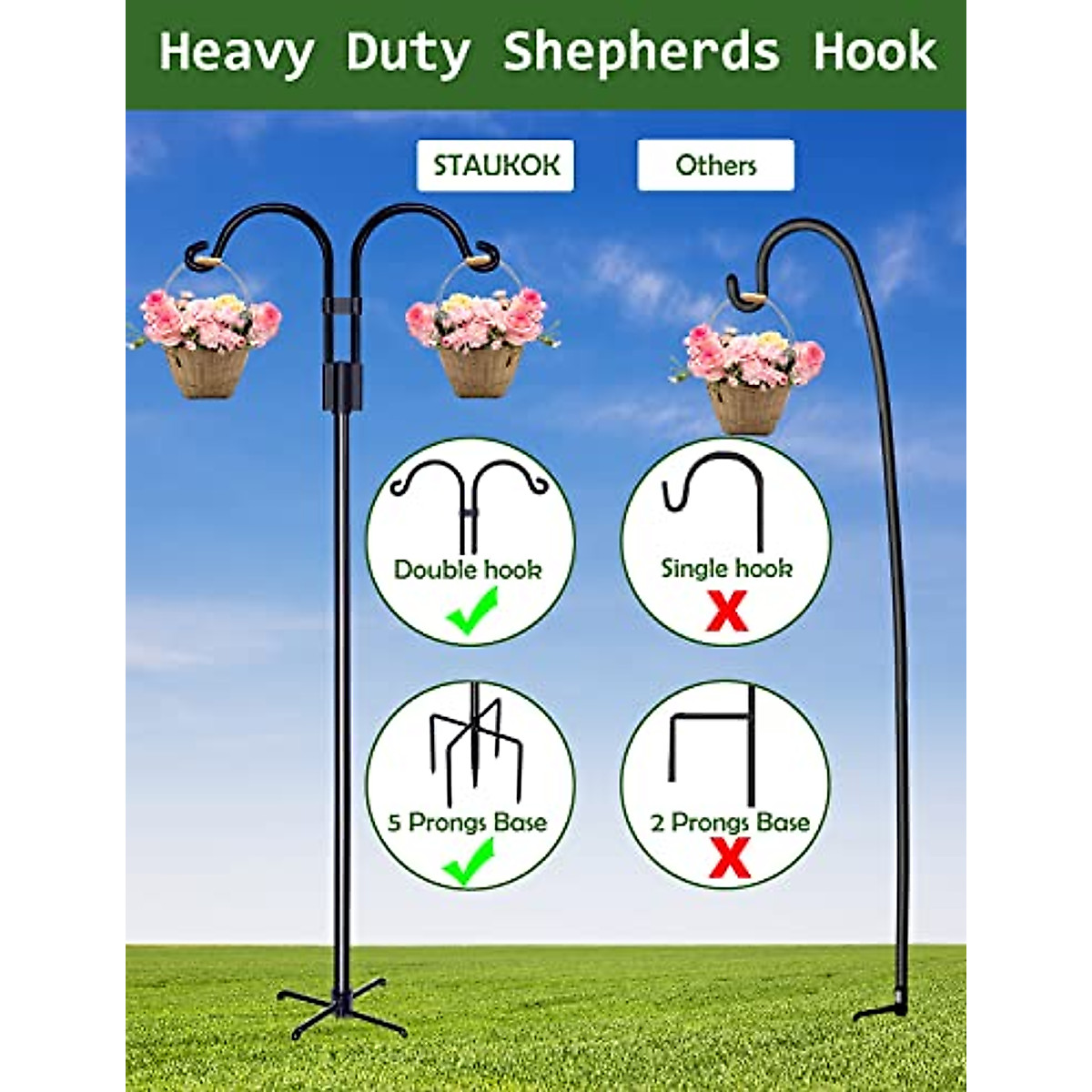 STAUKOK Double Shepherds Hooks for Outdoor, 2 Pack 92 Inch Bird Feeder Pole with 5 Prongs Base, Heavy Duty Garden Hook for Hanging Plant, Lantern, Hummingbird Feeder