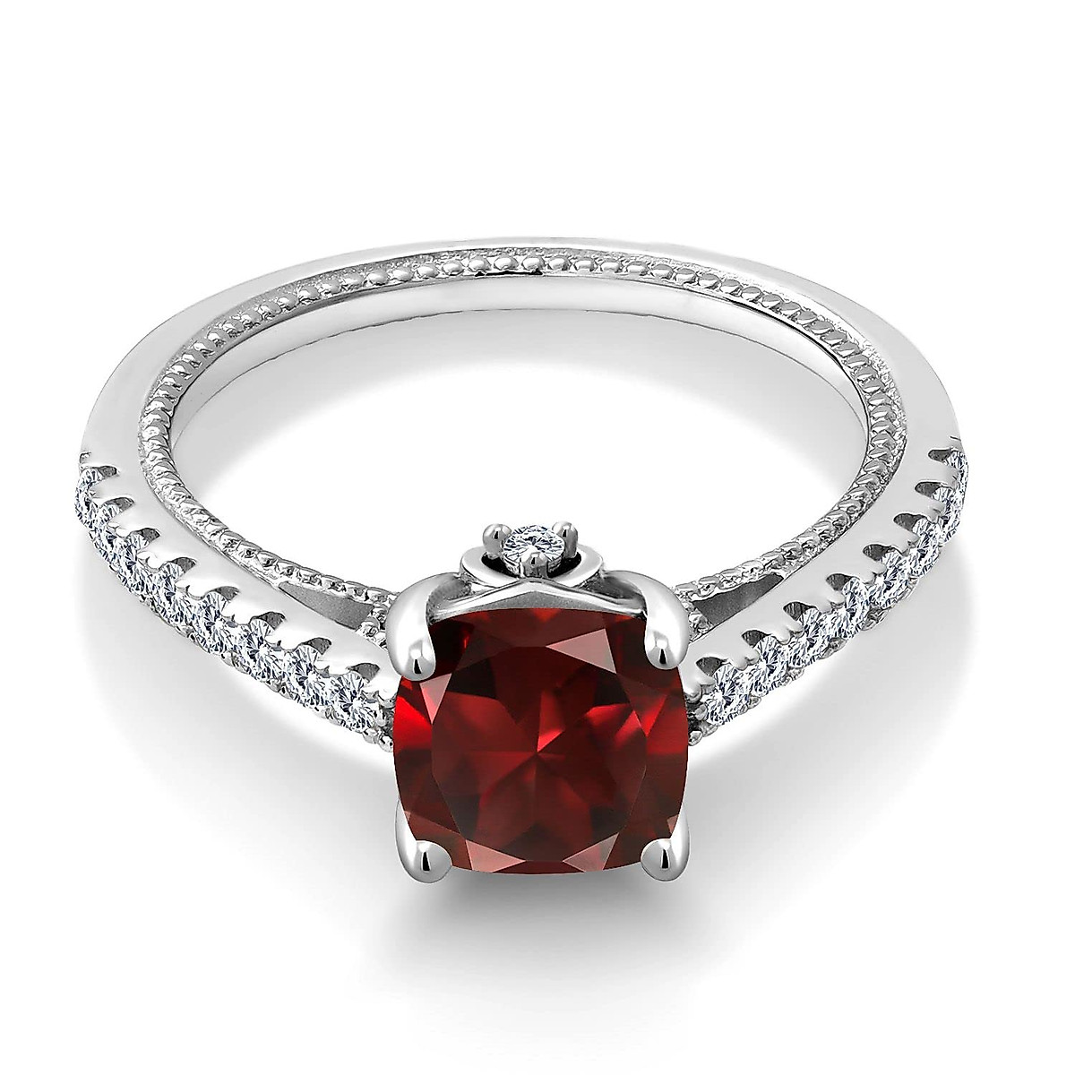 Gem Stone King 925 Sterling Silver Cushion 7MM Gemstone Birthstone and White Created Sapphire Engagement Ring | Wedding Engagement Anniversary Promise Ring For Women