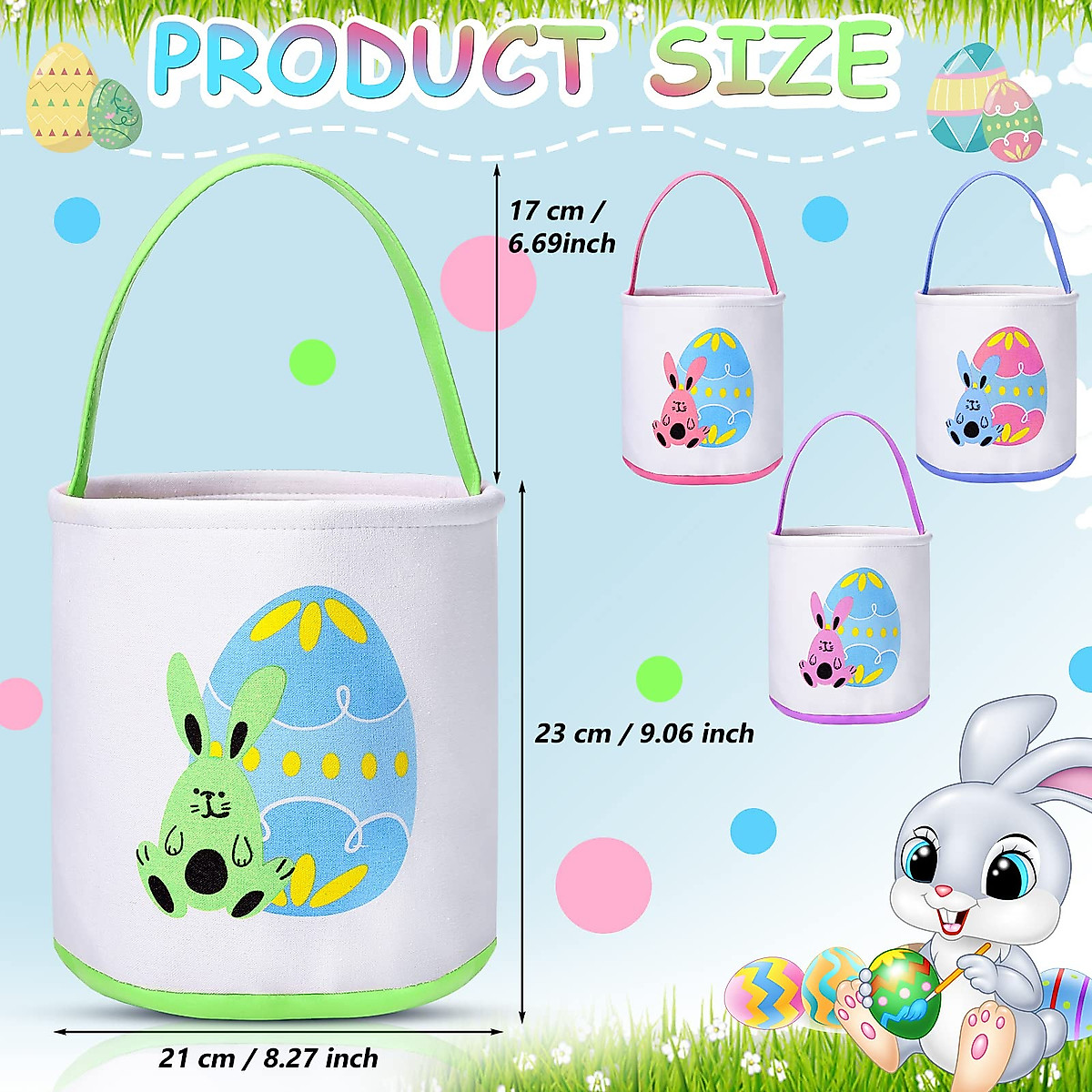 Honeydak 4 Pcs Easter Bunny Basket Bags for Kids Canvas Bunny Totes Bag Bucket for Easter Eggs Toys Rabbit Easter Hunt Basket with Handle Easter Party Decoration Personalized Eggs Candy Present Carry