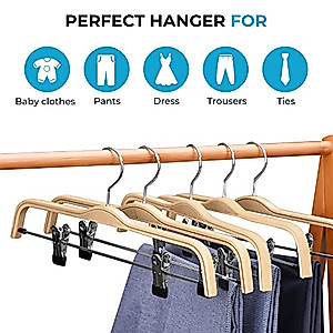 J.S. Hanger Natural Finish Wooden Pant Hangers with Anti-rust Hook and 2-Adjustable Clips, 5-Pack