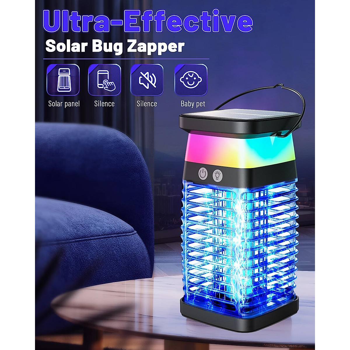 Solar Bug Zapper Outdoor Indoor, 3 in 1 Portable Electric Mosquito Zapper, Waterproof Plug in with RGB Light & Reading Lamp, Rechargeable Fly Zapper Insect Trap for Patio Camping Home Backyard